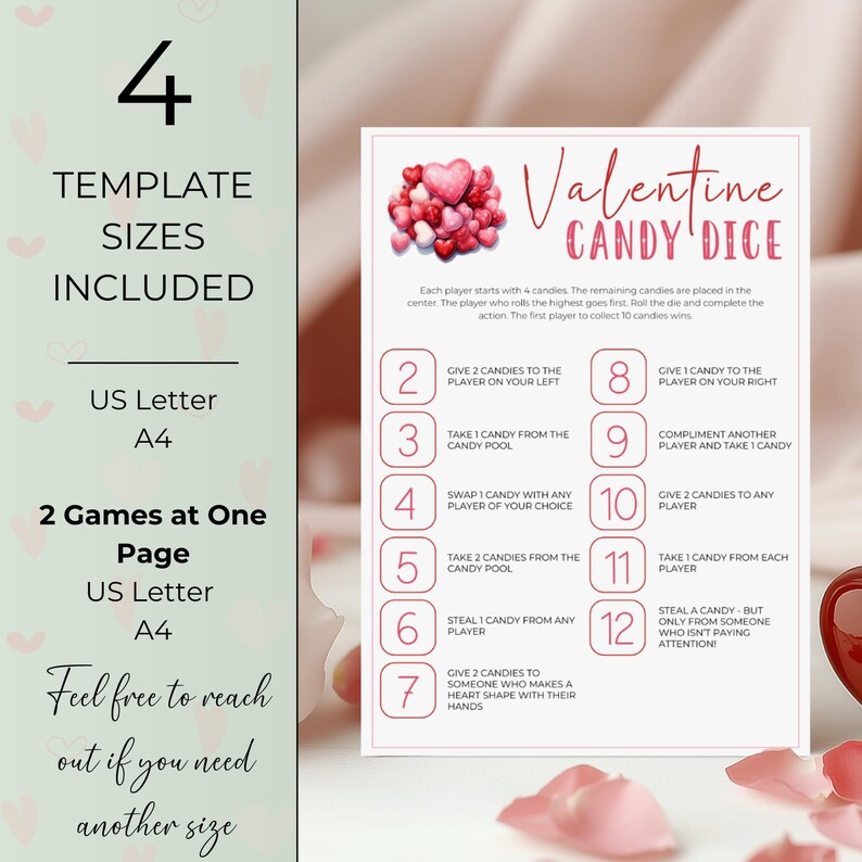 Valentine Candy Dice Game Printable, Fun Valentine Party Activity for ...