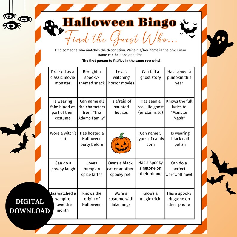 Find the Guest Halloween Bingo, Find Someone Who, Ice Breaker, Mix and ...