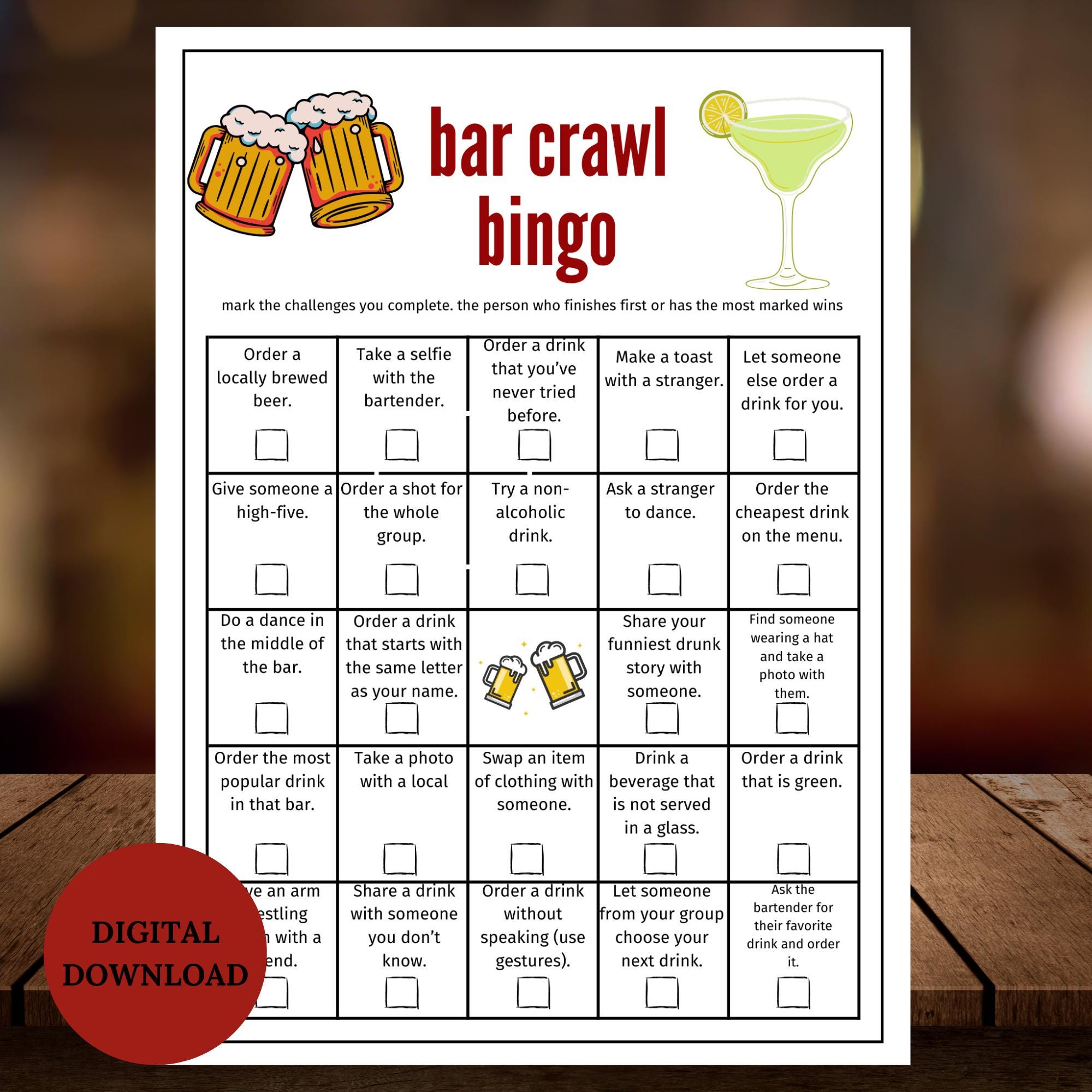 Bar Crawl Bingo Printable, Fun Bar & Pub Crawl Games, Bar Scavenger ...