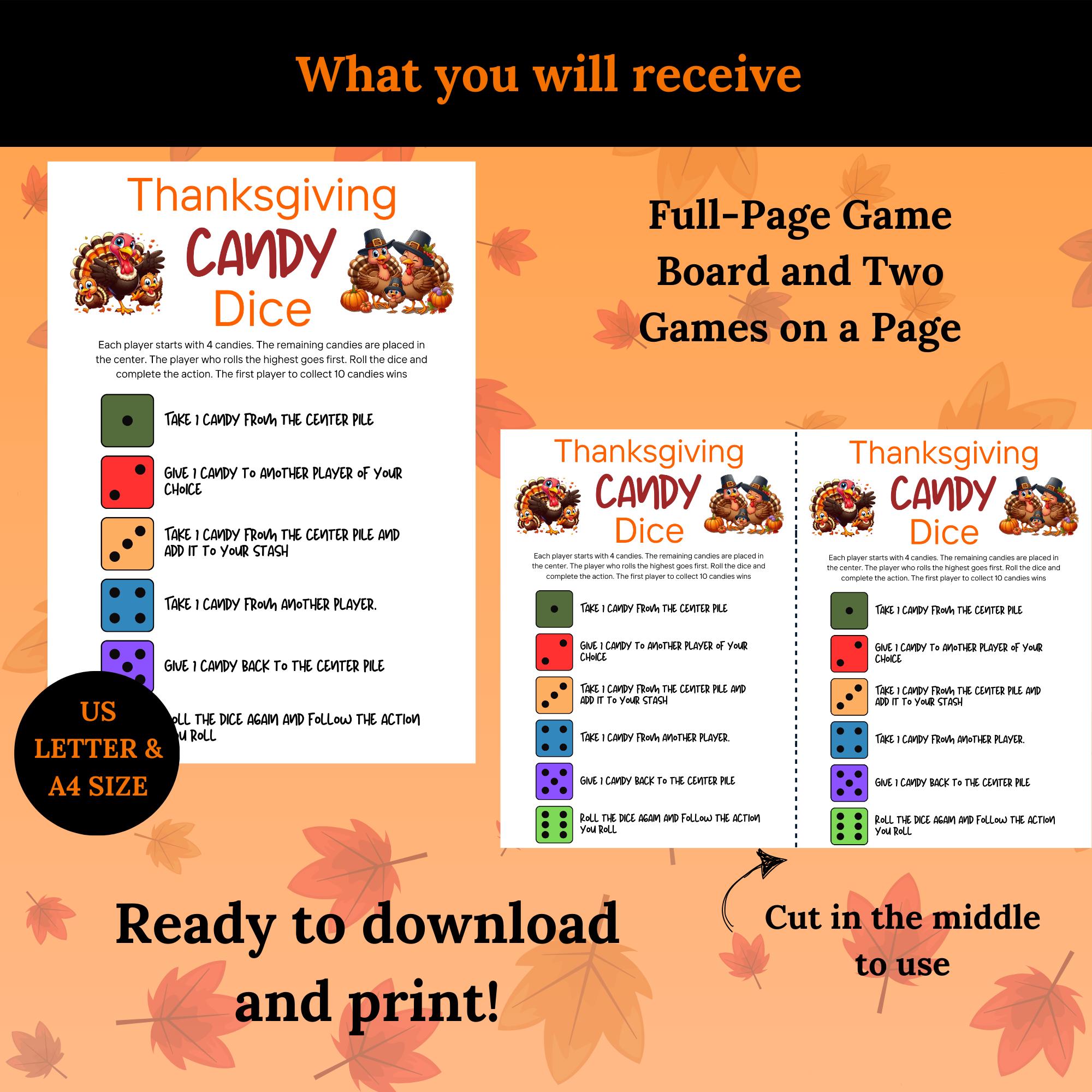 Thanksgiving Candy Dice Game Printable, Fun Family Thanksgiving Game ...