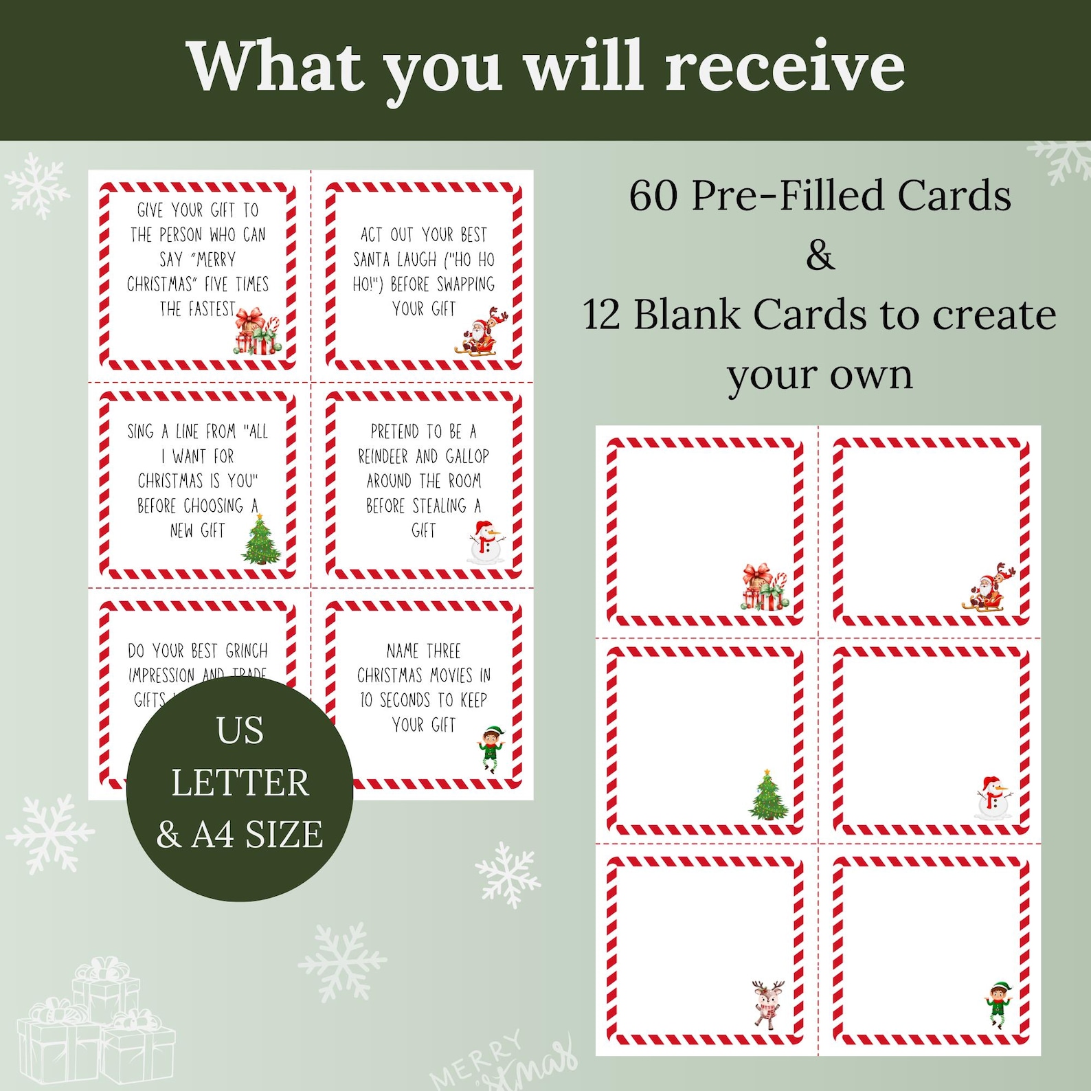 Christmas Yankee Swap Game - 60 Gift Exchange Cards + 12 Blank Cards ...