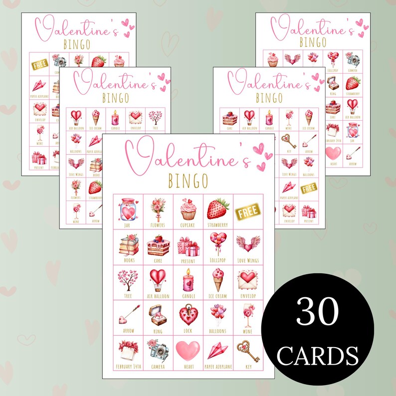 Valentines Day Bingo - 30 Fun Bingo Cards, Valentine Printable Games ...