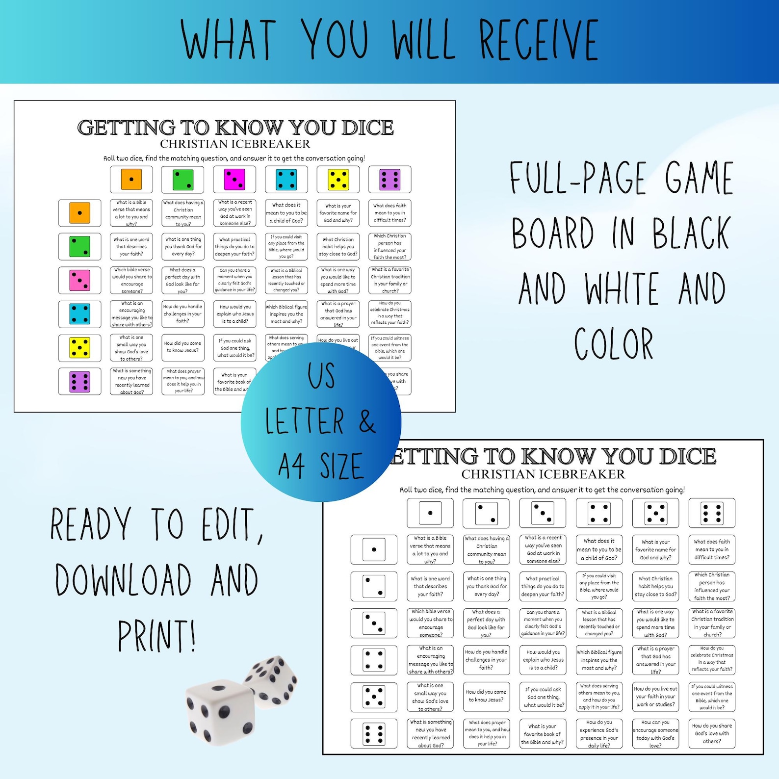 Editable Christian Icebreaker, Bible Dice Game, Customizable Bible ...