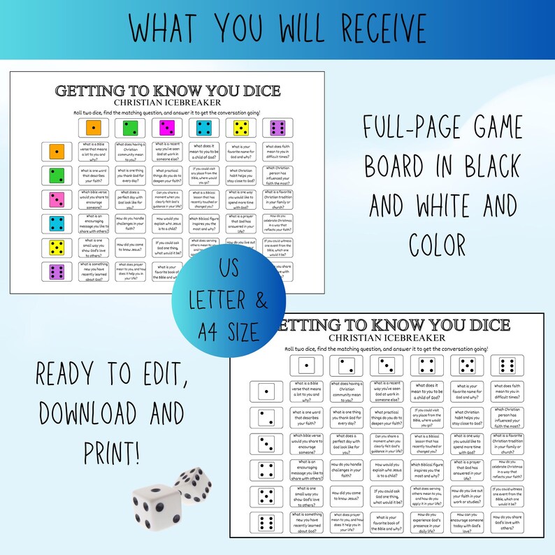 Editable Christian Icebreaker, Bible Dice Game, Customizable Bible ...
