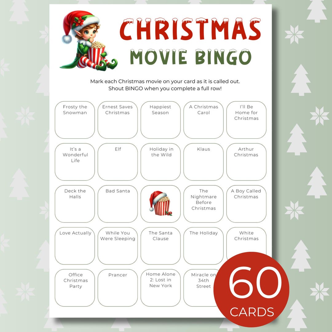 Christmas Movie Bingo Printable, 60 Unique Cards, Family Christmas Game ...