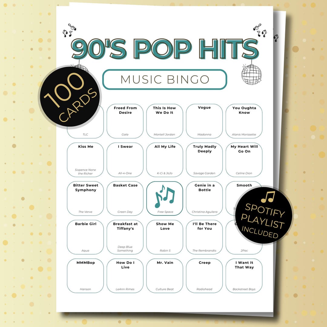 90s Music Bingo: 100 Cards, Fun Printable Game With Spotify Playlist ...
