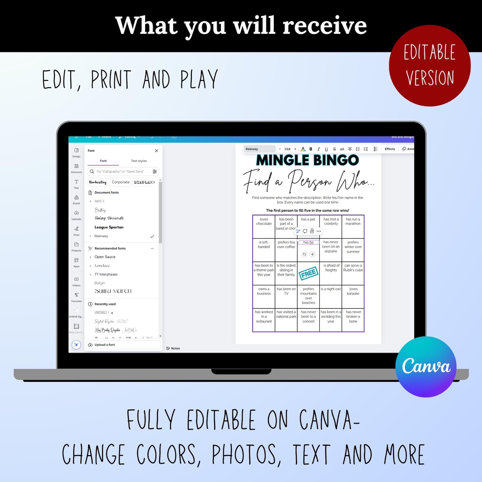 Editable Mix and Mingle Bingo - Printable Ice Breaker Game With Get to Know You Questions ...