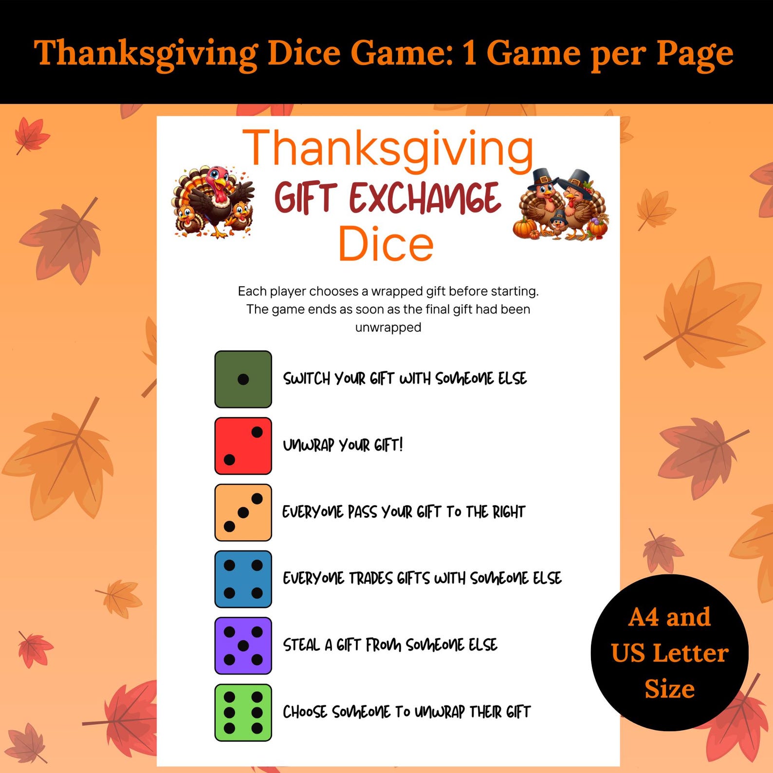 Thanksgiving Dice Game, Fun Printable Gift Exchange for Thanksgiving ...