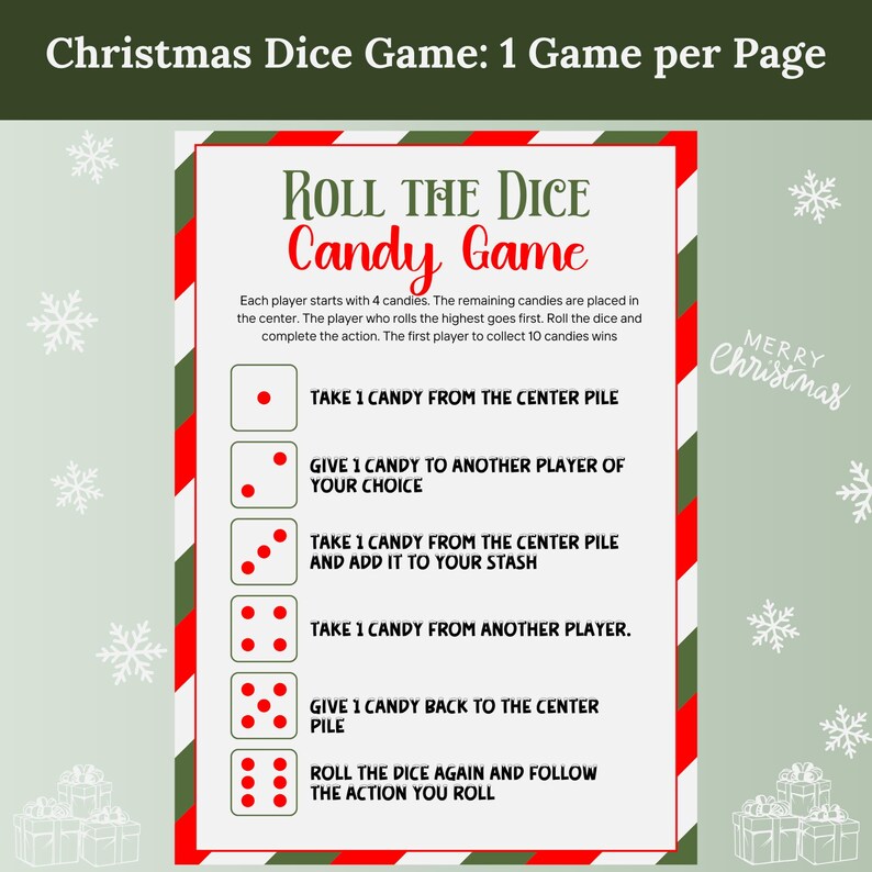 Christmas Dice Game, Fun Candy Dice Game, Printable Xmas Family Fun ...