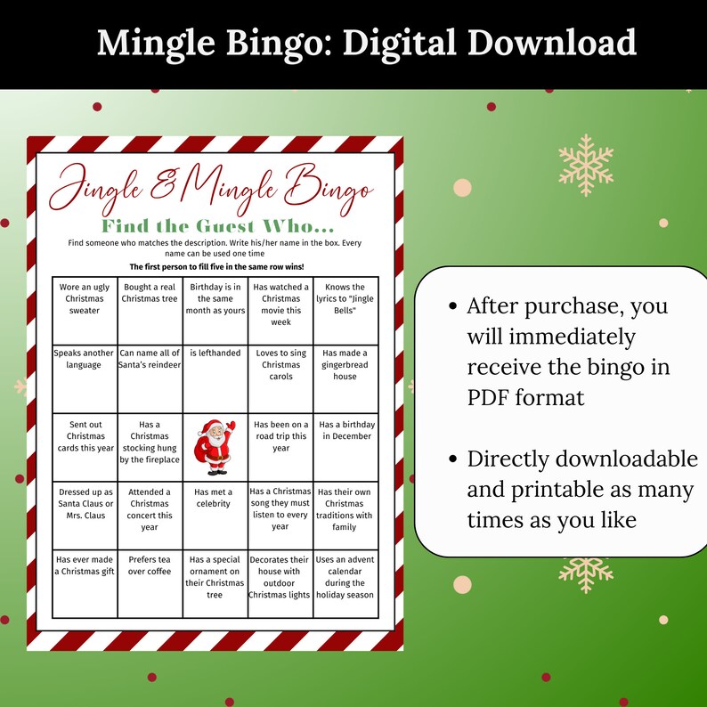 Christmas Jingle and Mingle Bingo, Family Reunion Game, Getting to Know ...