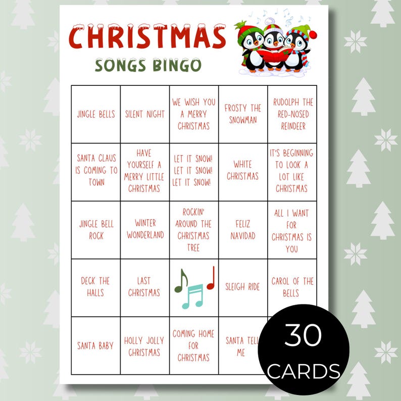 Christmas Carol Bingo Game Printable, 30 Unique Cards for Family Game ...