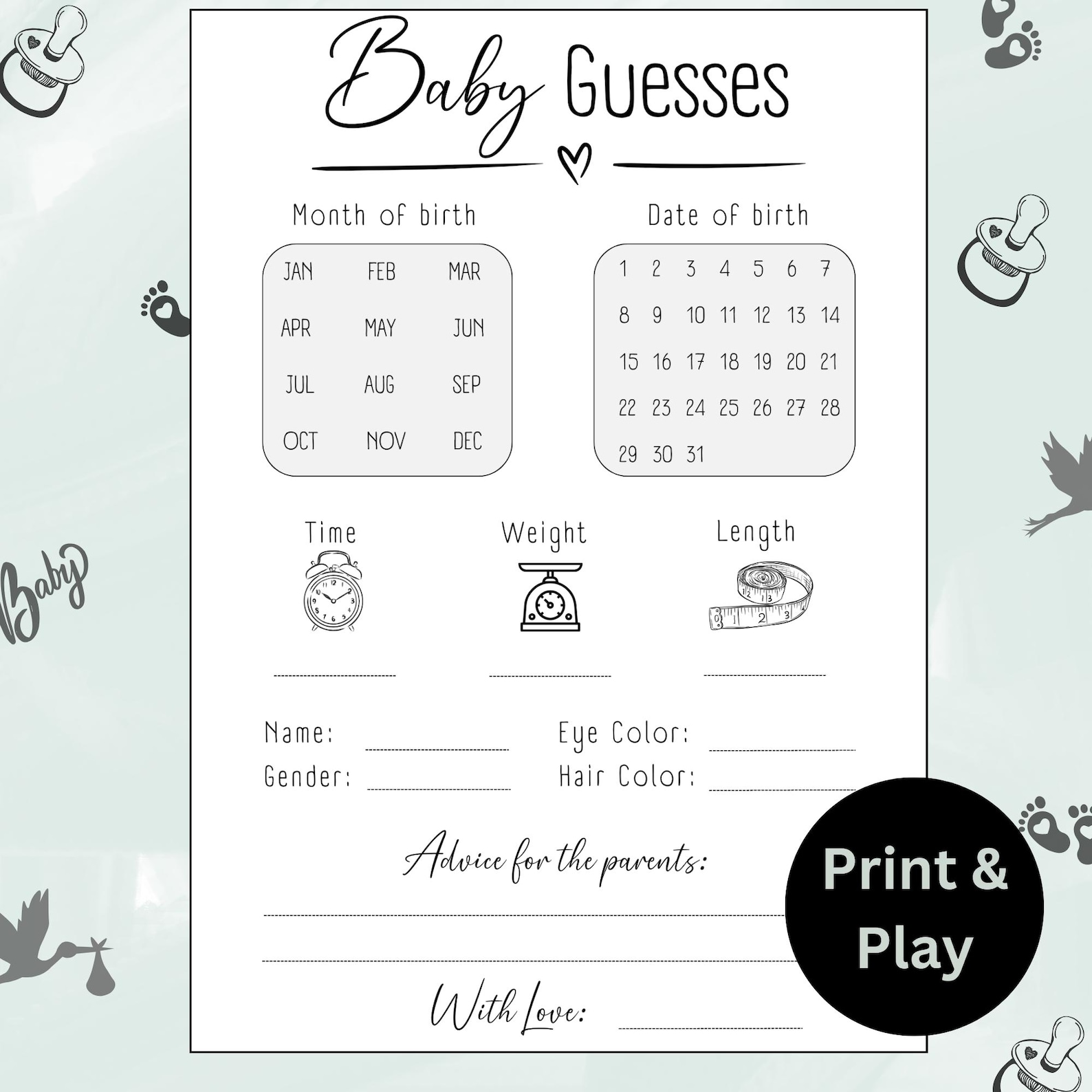 Guess the Due Date and Weight, Baby Shower Game, Guess Baby's Gender ...