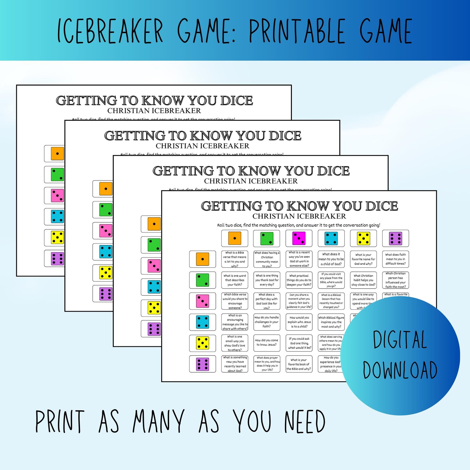 Editable Christian Icebreaker, Bible Dice Game, Customizable Bible ...