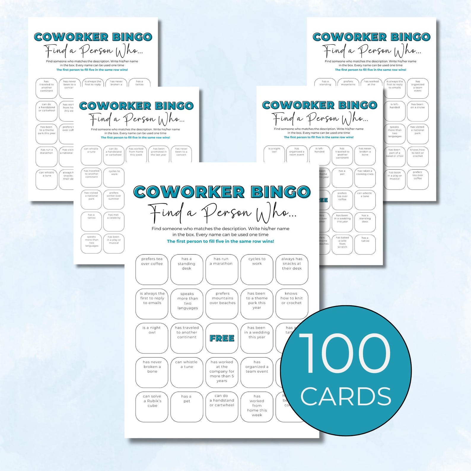Coworker Bingo, 100 Cards, Printable Team Building Game, Office ...