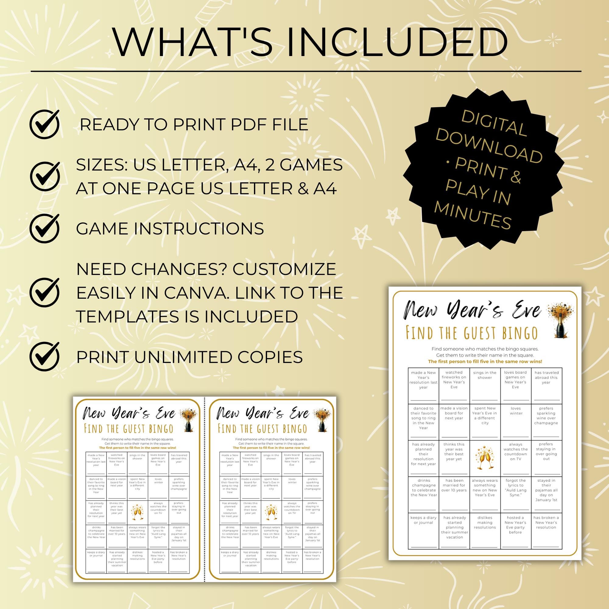 Find the Guest New Year’s Eve Bingo, Printable & Editable Party ...