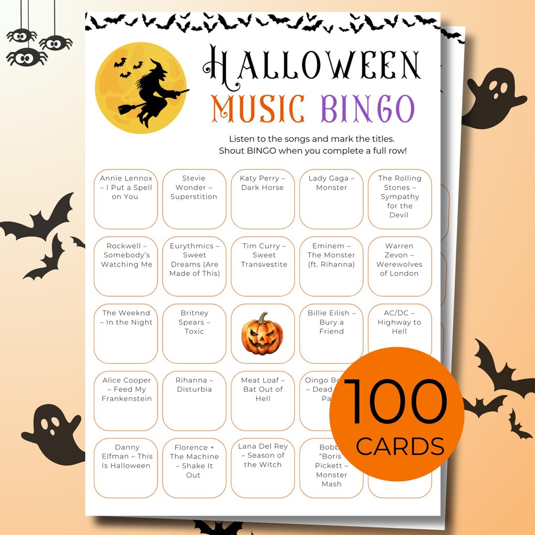 Halloween Music Bingo, 100 Printable Bingo Cards, Instant Download ...
