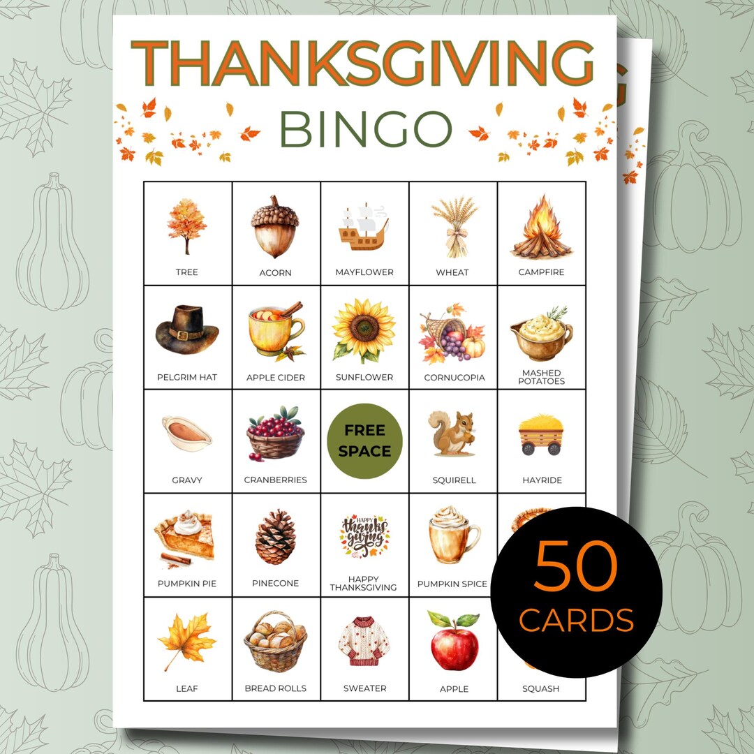 Thanksgiving Bingo, 50 Printable Cards for Kids, Fun Thanksgiving Game ...