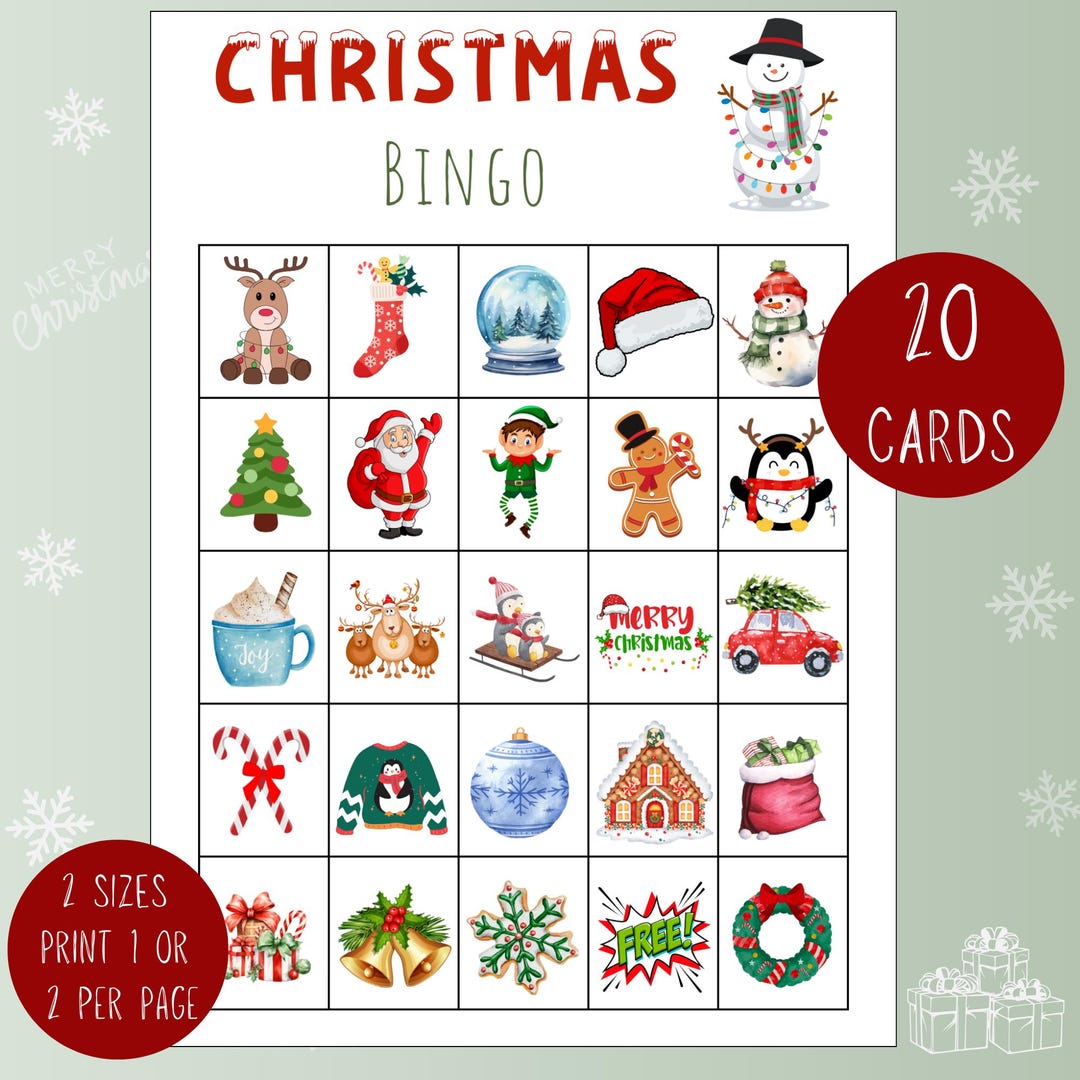 Christmas Bingo Printable, 20 Unique Bingo Cards for Xmas Family Games ...