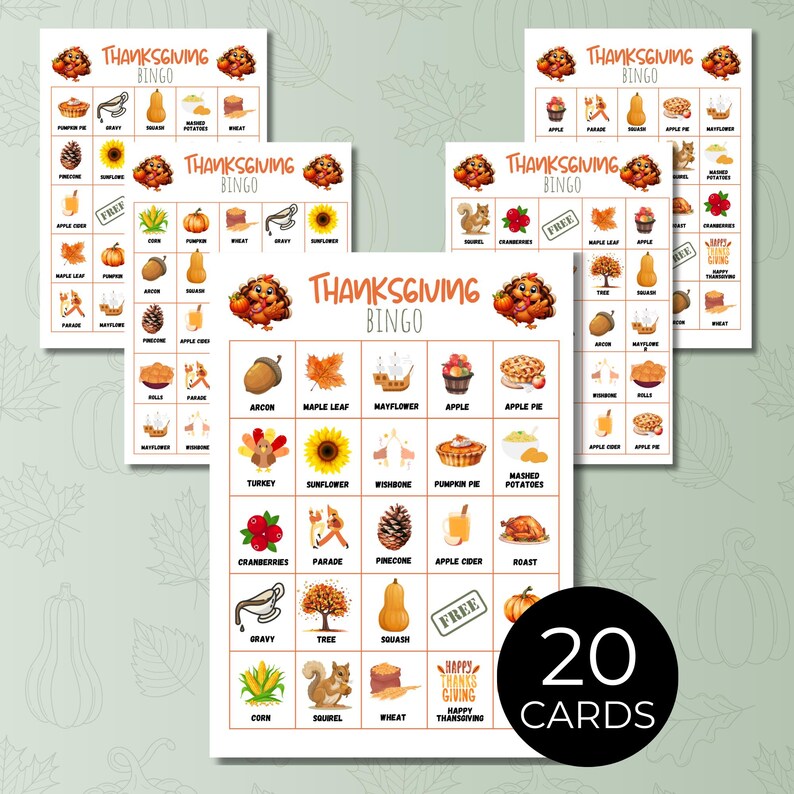 Thanksgiving Bingo Game Cards, Printable Fall Bingo for Family Fun, 20 ...