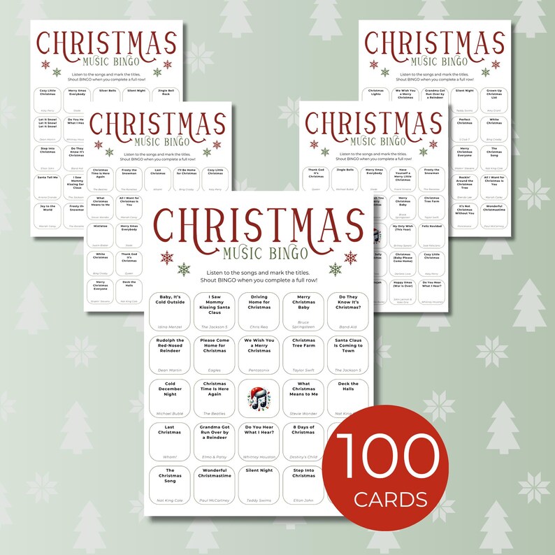 Christmas Music Bingo, 100 Unique Printable Cards, Fun Party Game for ...
