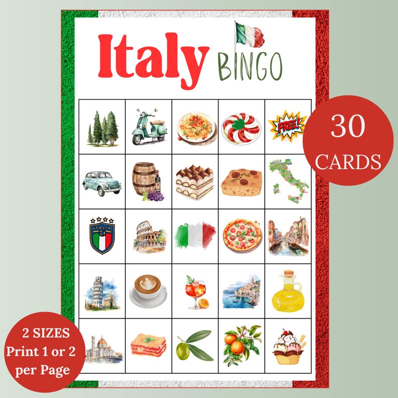 Italy Bingo Printable Game – 30 Unique Bingo Cards, Fun Family Game ...