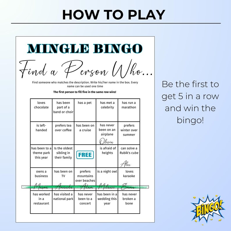 Mix and Mingle Bingo, Get to Know You Questions, Find Someone Who, Ice ...
