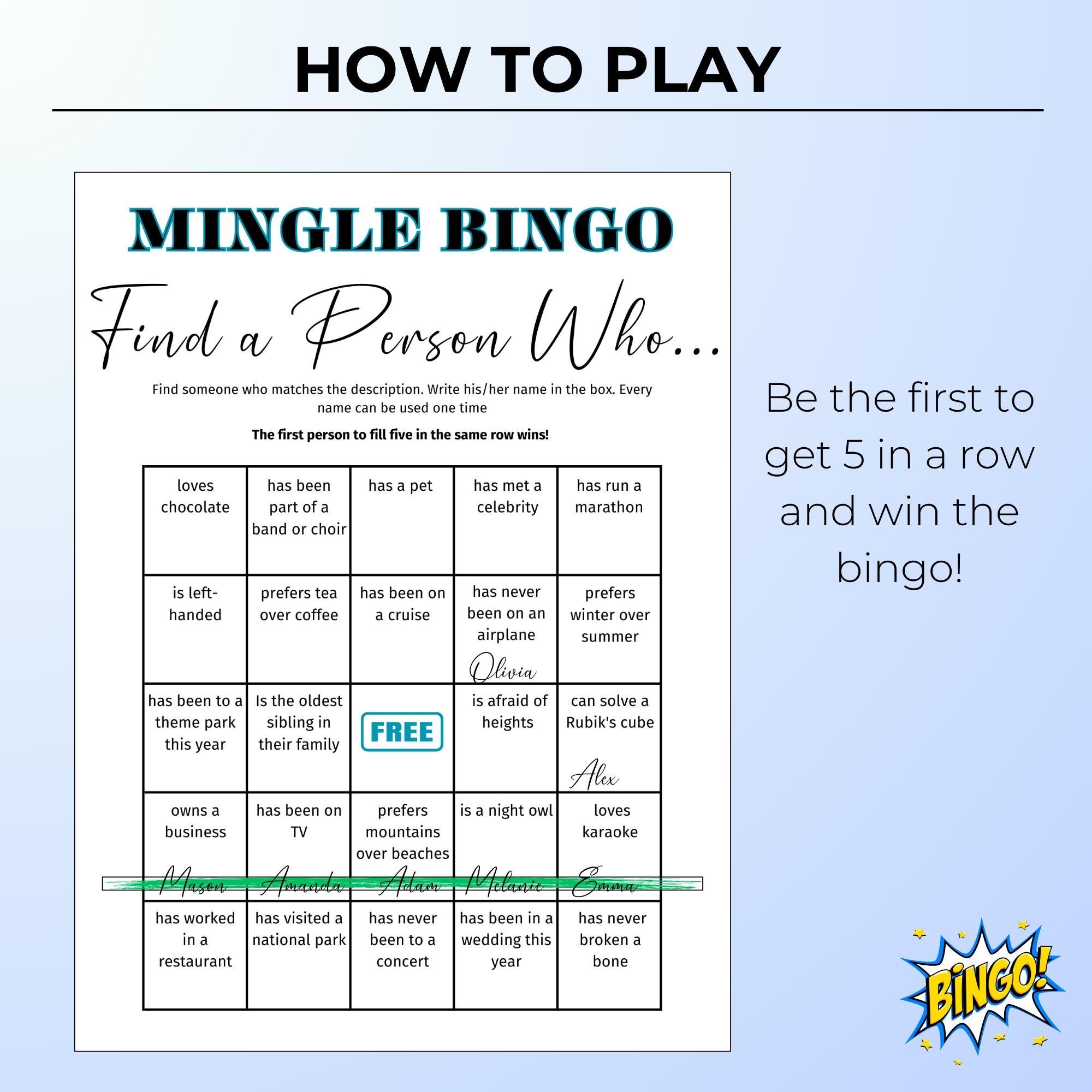 Mix and Mingle Bingo, Get to Know You Questions, Find Someone Who, Ice ...