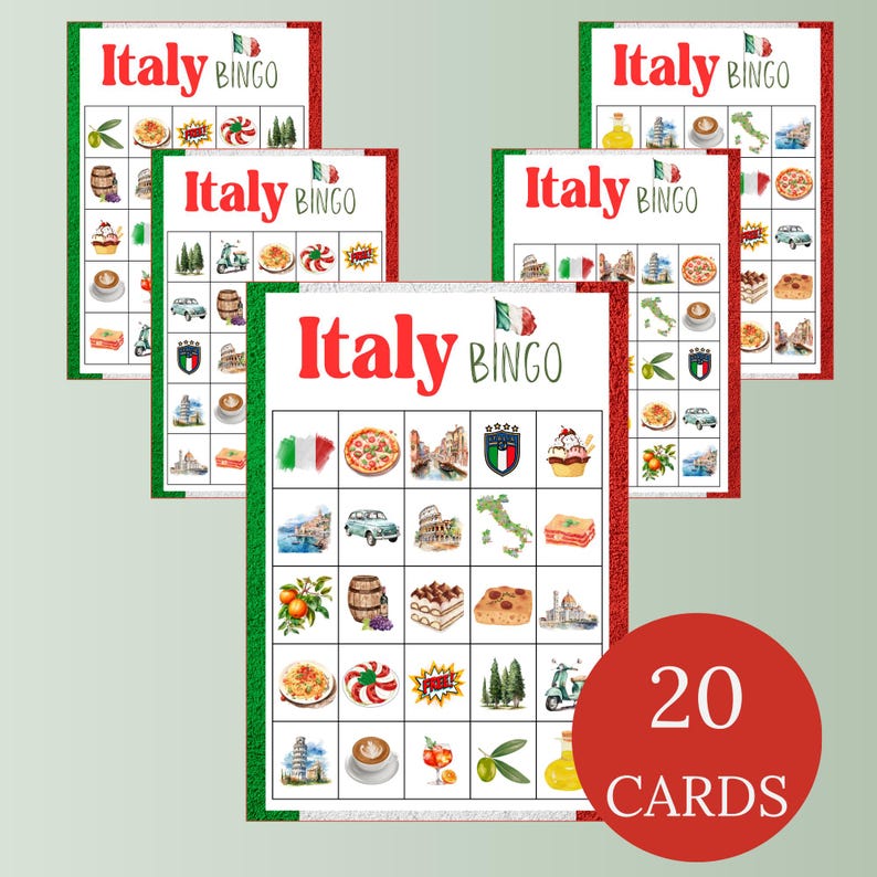 Italy Travel Bingo, 20 Printable Bingo Cards, Fun Family Game, Italian ...