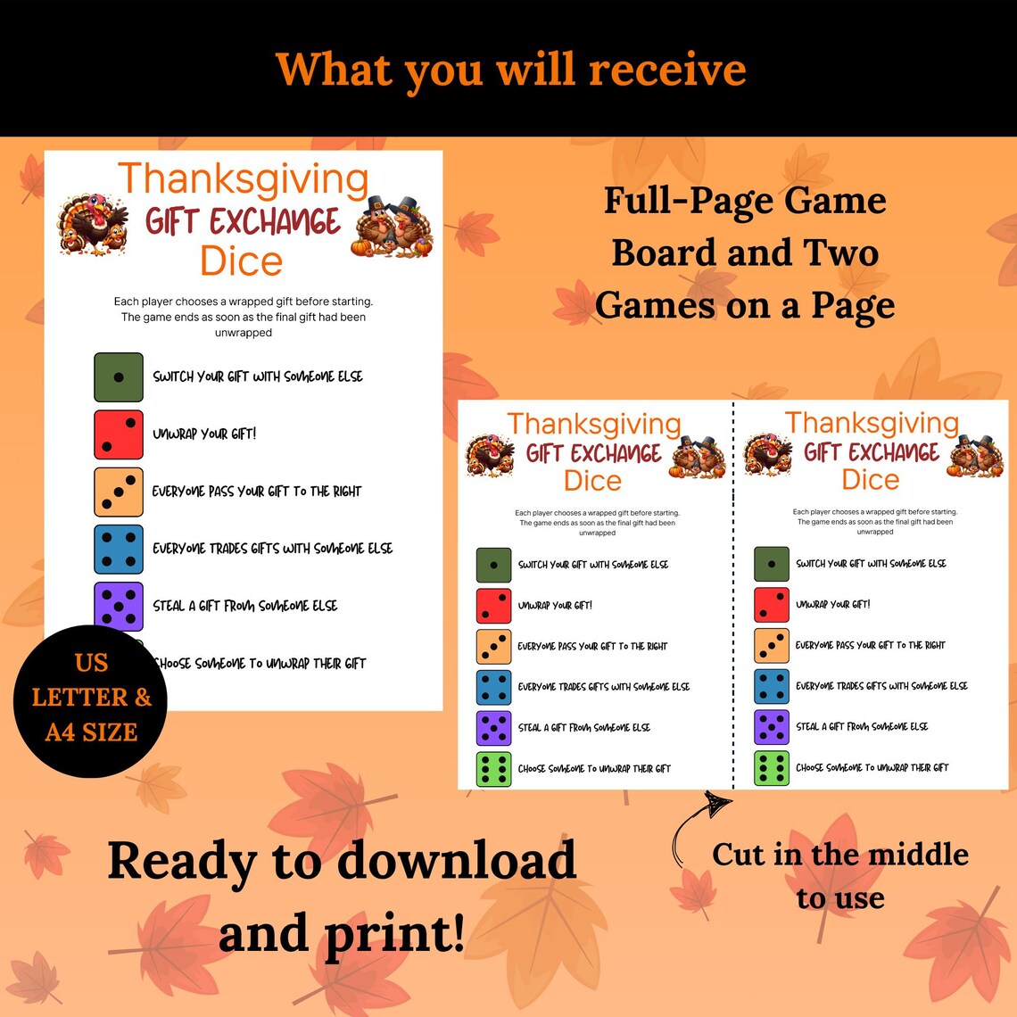 Thanksgiving Dice Game, Fun Printable Gift Exchange for Thanksgiving ...