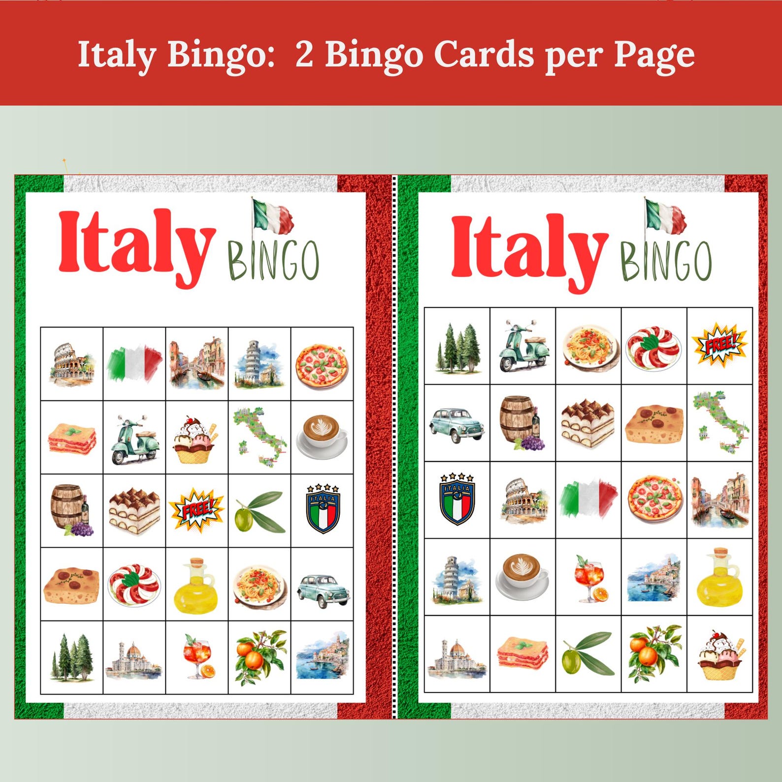 Italy Travel Bingo, 20 Printable Bingo Cards, Fun Family Game, Italian ...