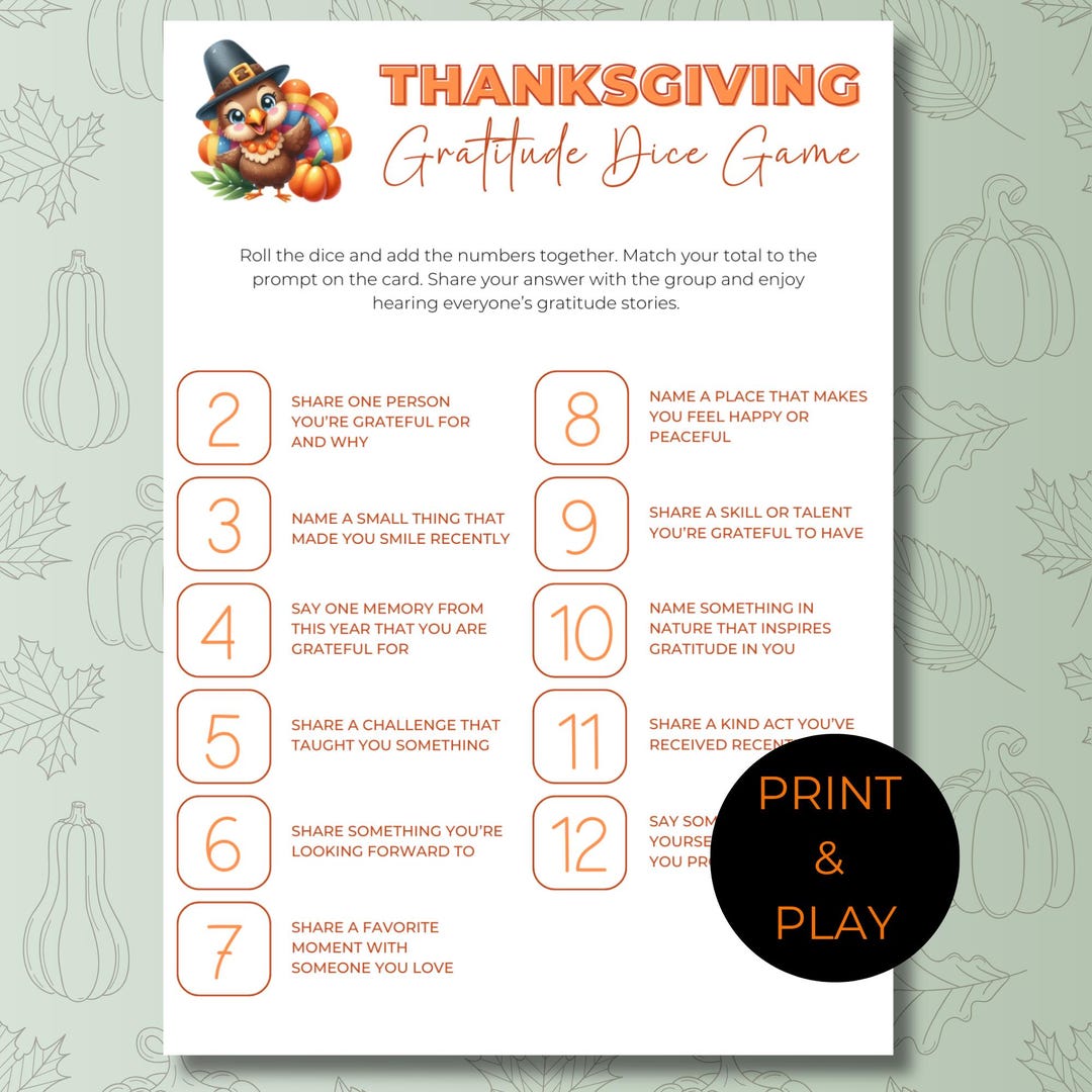 Thanksgiving Gratitude Dice Game, Fun Printable for Family Gatherings ...