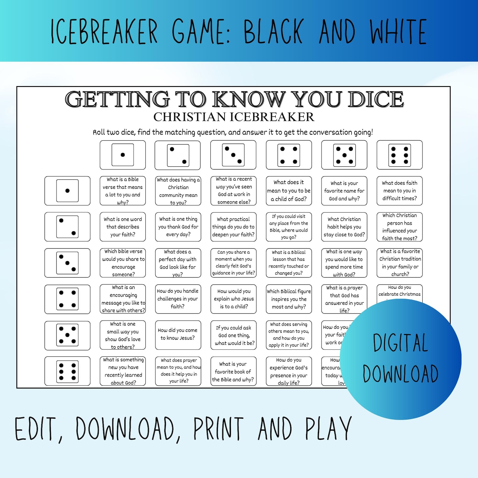 Editable Christian Icebreaker, Bible Dice Game, Customizable Bible ...