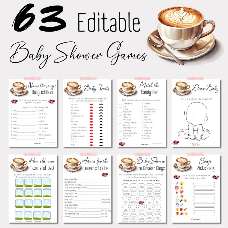 Coffee Theme Baby Shower Games, Editable Printable Activities, Fun ...