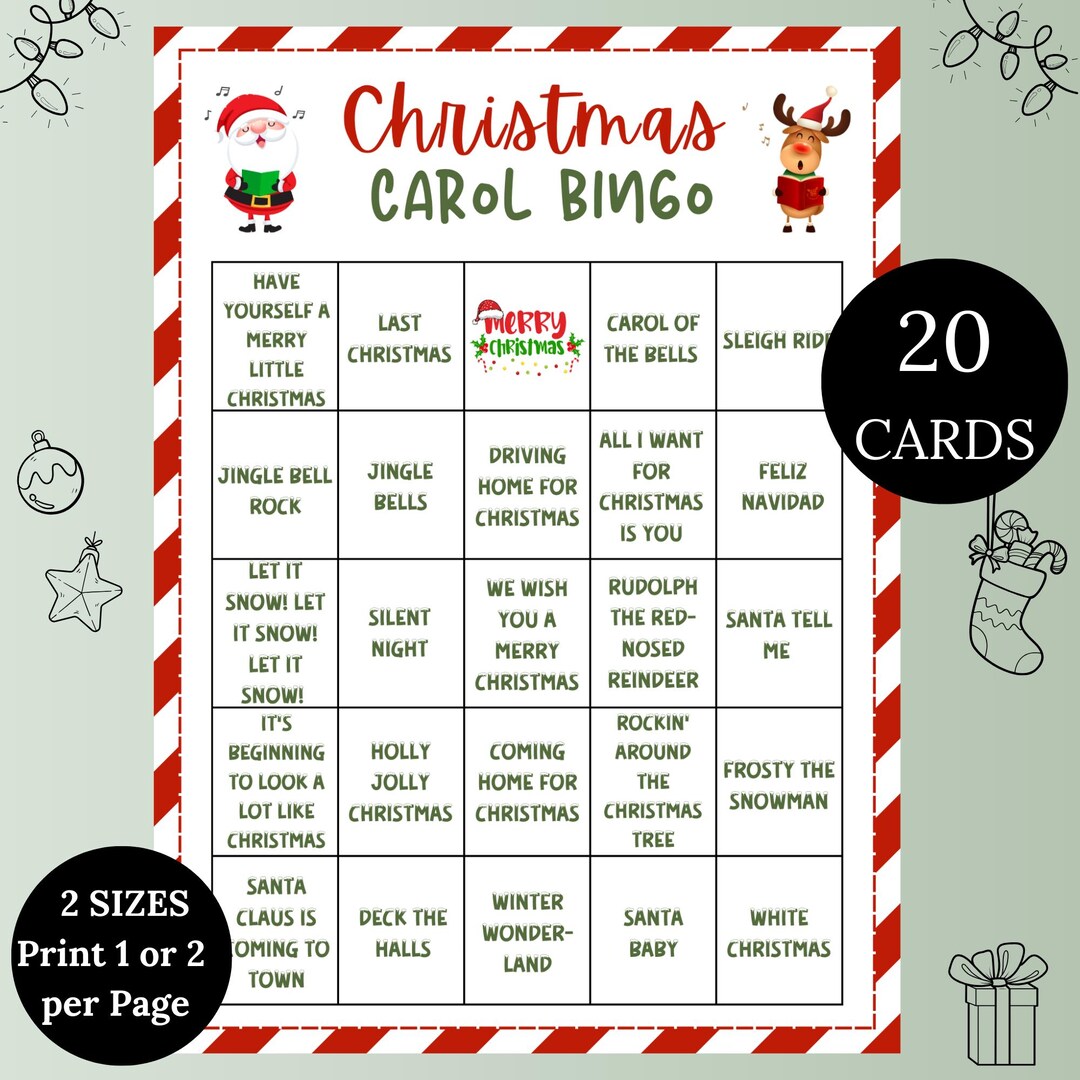 Christmas Carol Bingo Printable, 20 Music Bingo Cards, Fun Christmas ...