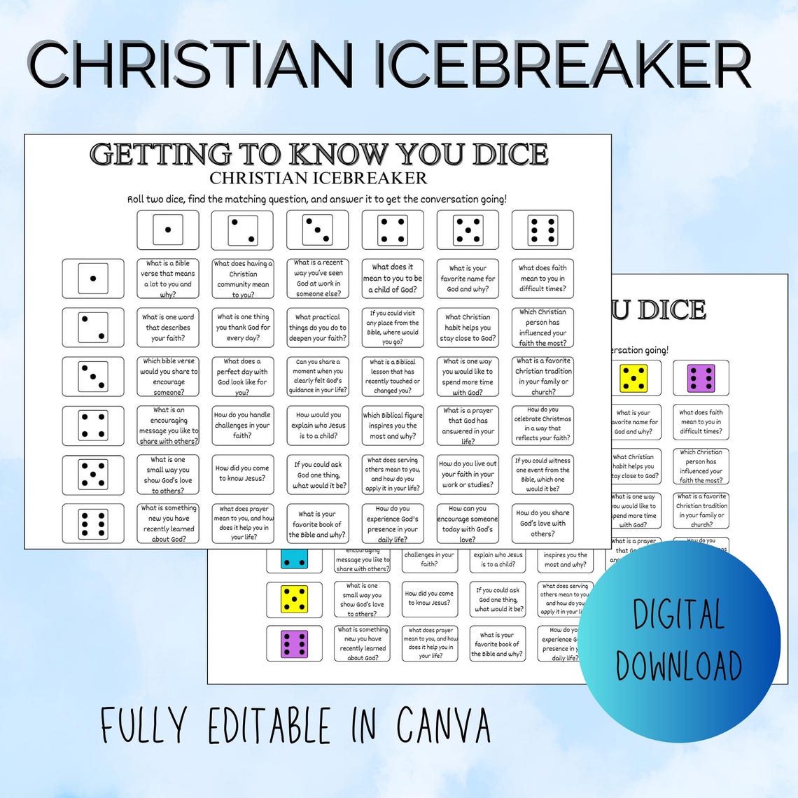 Editable Christian Icebreaker, Bible Dice Game, Customizable Bible ...