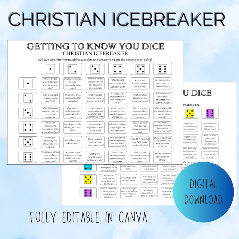 Editable Christian Icebreaker, Bible Dice Game, Customizable Bible ...