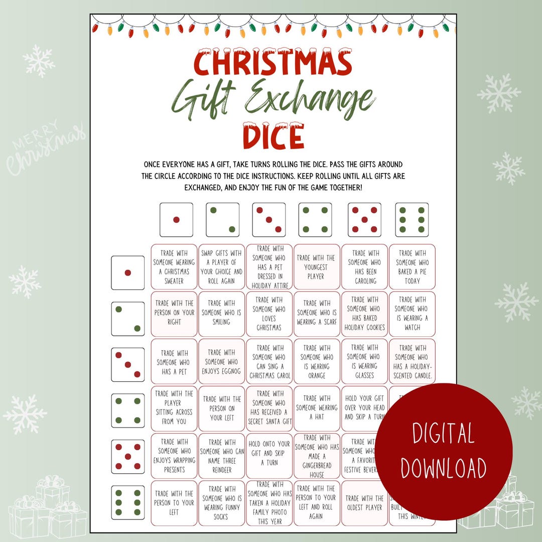 Christmas Gift Exchange Dice Game, Yankee Swap Game, White Elephant ...
