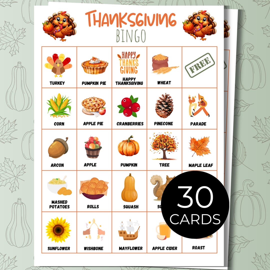 30 Thanksgiving Bingo Cards, Games and Activities, Family Reunion ...