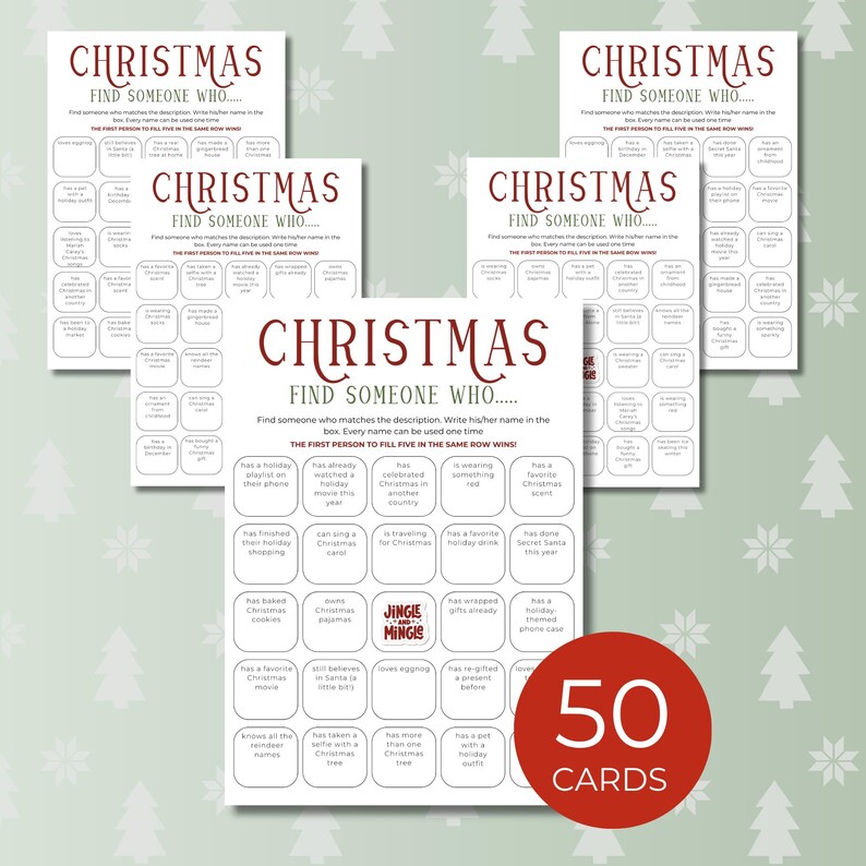 Find Someone Who Christmas Bingo, 50 Cards, Fun Holiday Game, Printable ...