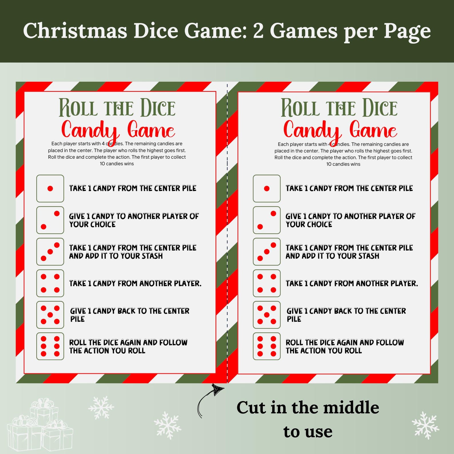 Christmas Dice Game, Fun Candy Dice Game, Printable Xmas Family Fun ...