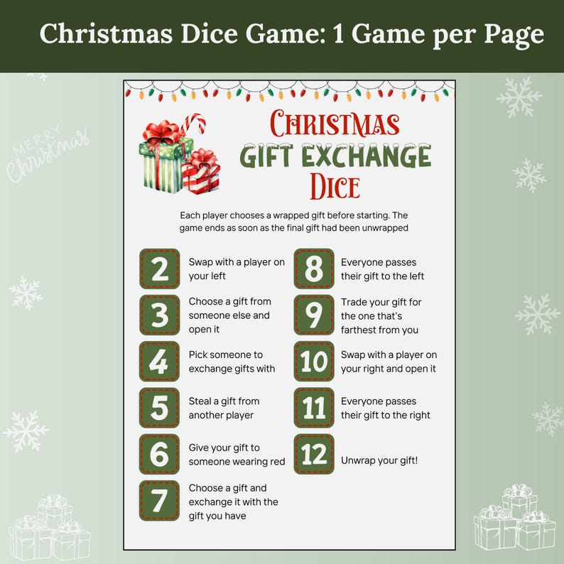 Christmas Gift Exchange Dice Game - Printable Pass the Present, White Elephant Party Game ...