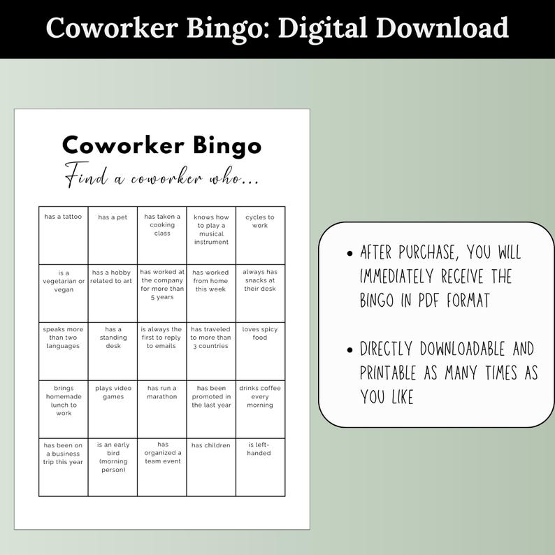 Coworker Bingo Printable, Team Building Game, Fun Office Activity ...