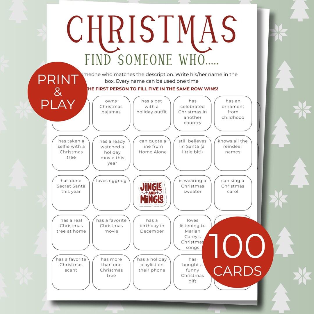 Find Someone Who Christmas Bingo Printable, 100 Cards, Fun Holiday ...