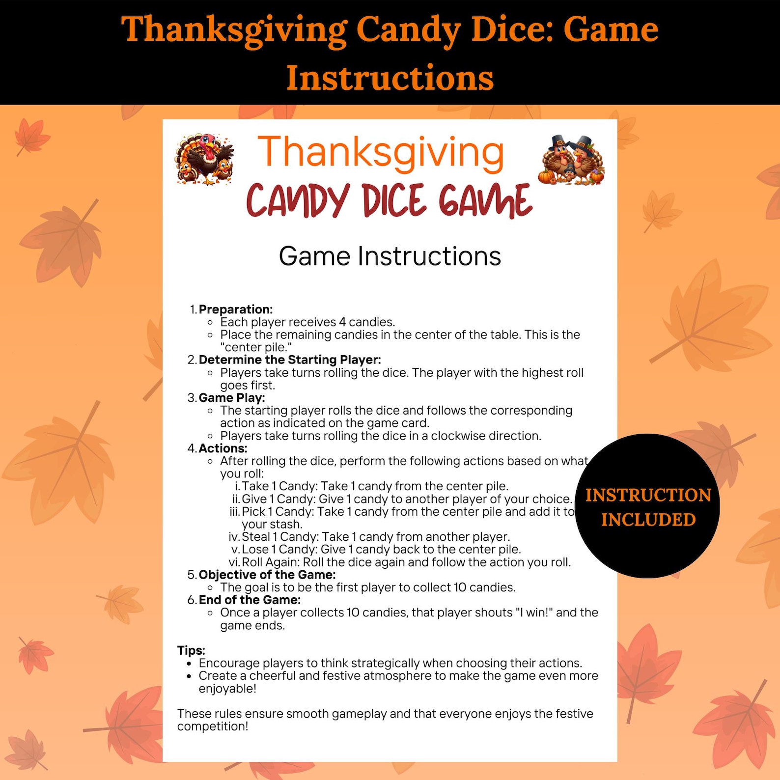 Thanksgiving Candy Dice Game Printable, Fun Family Thanksgiving Game ...