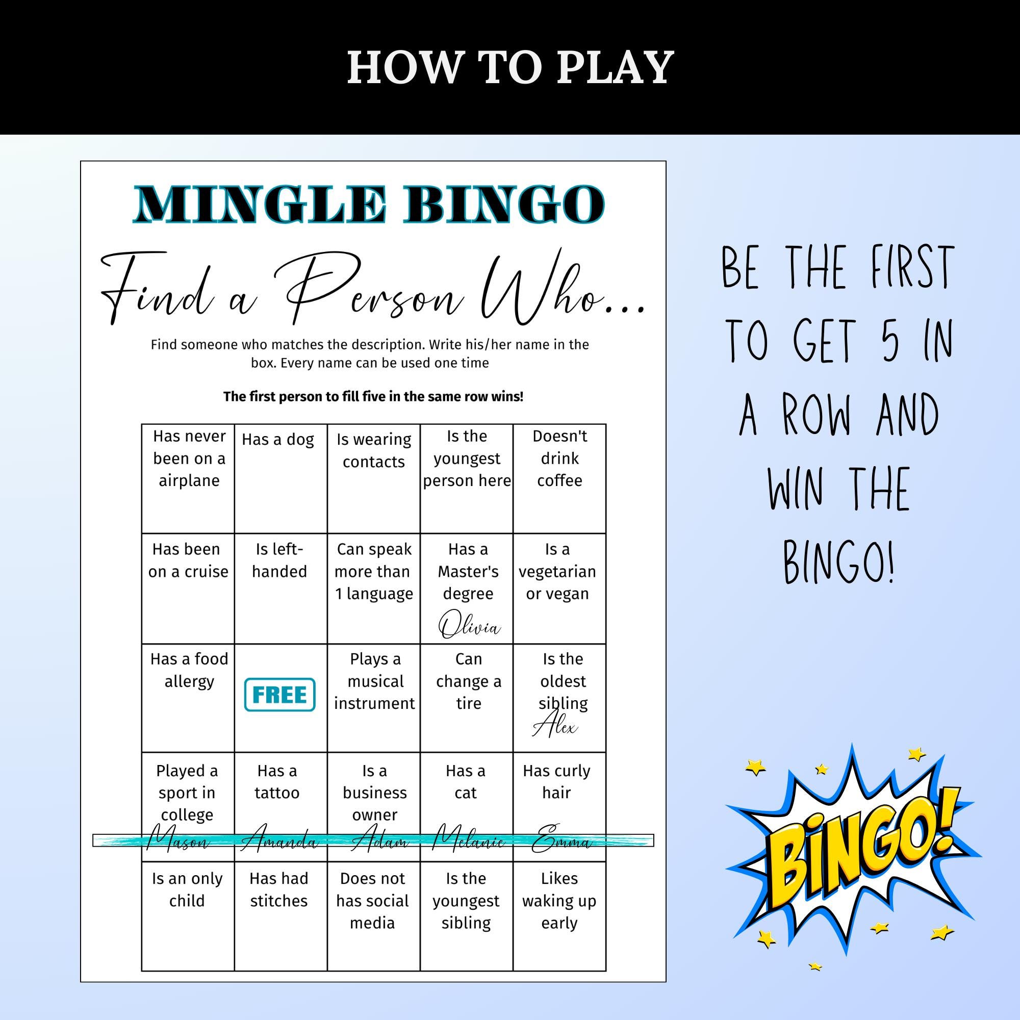50 Cards Mix and Mingle Bingo, Get to Know You Questions, Find Someone ...
