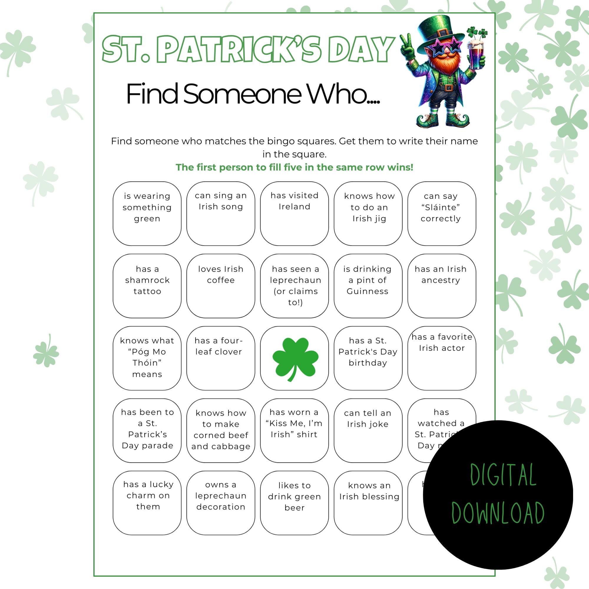 St. Patty Day Bingo Find the Guest, Printable Leprechaun Bingo, Fun ...