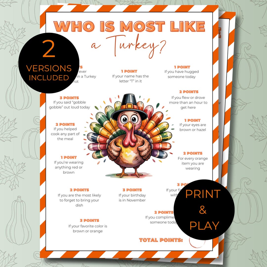 Who is Most Like a Turkey Game Printable & Editable Canva Template ...