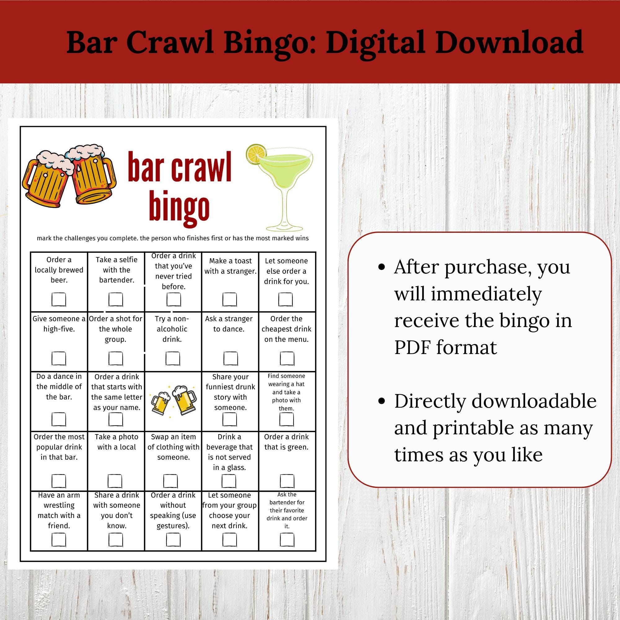 Bar Crawl Bingo Printable, Fun Bar & Pub Crawl Games, Bar Scavenger ...