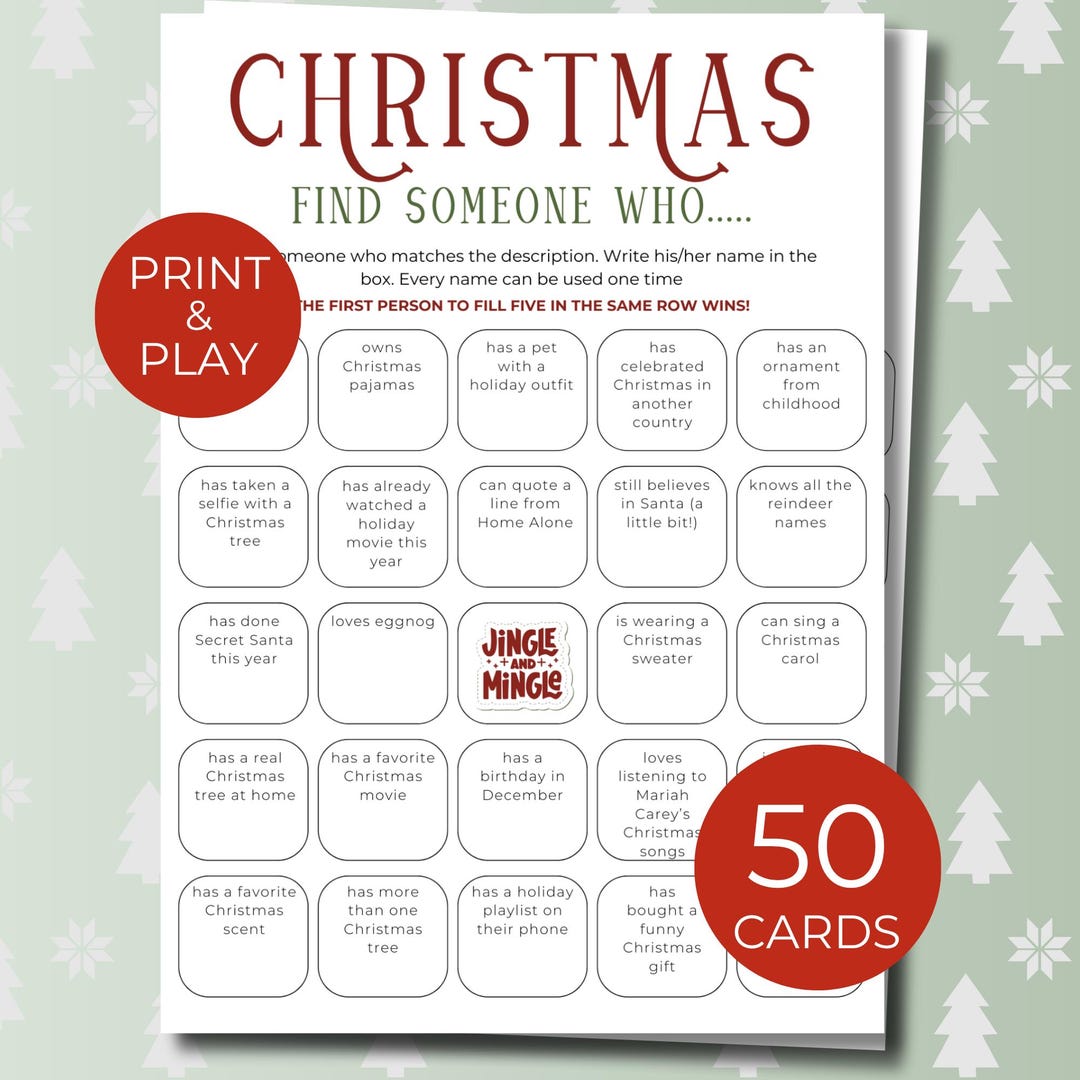 Find Someone Who Christmas Bingo, 50 Cards, Fun Holiday Game, Printable ...
