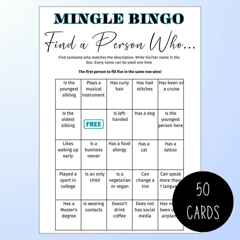 50 Cards Mix and Mingle Bingo, Get to Know You Questions, Find Someone ...